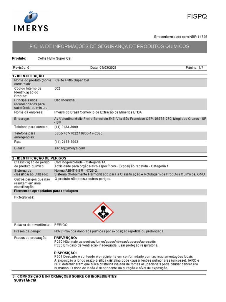 FISPQ Celite Hyflo Super Cel V01 20210304182757 | PDF | Embalagem e ...