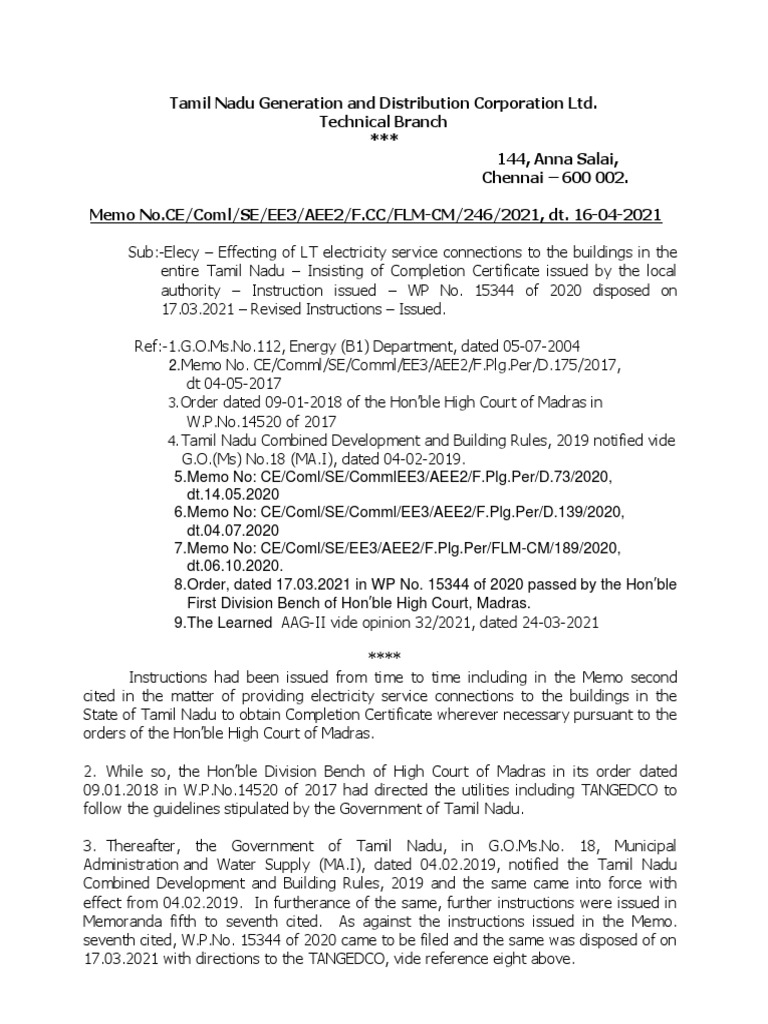 TNEB CC Revised Instruction 160421 | PDF | Tamil Nadu | Justice