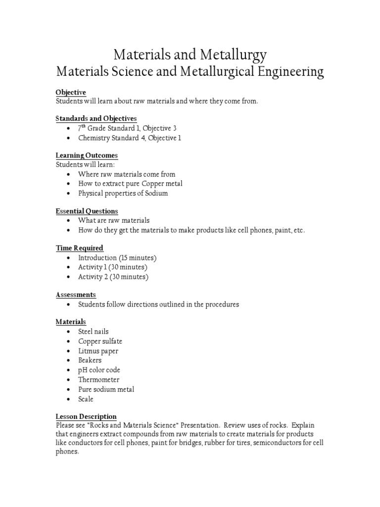 9A Materials and Metallurgy Lesson Plan | PDF