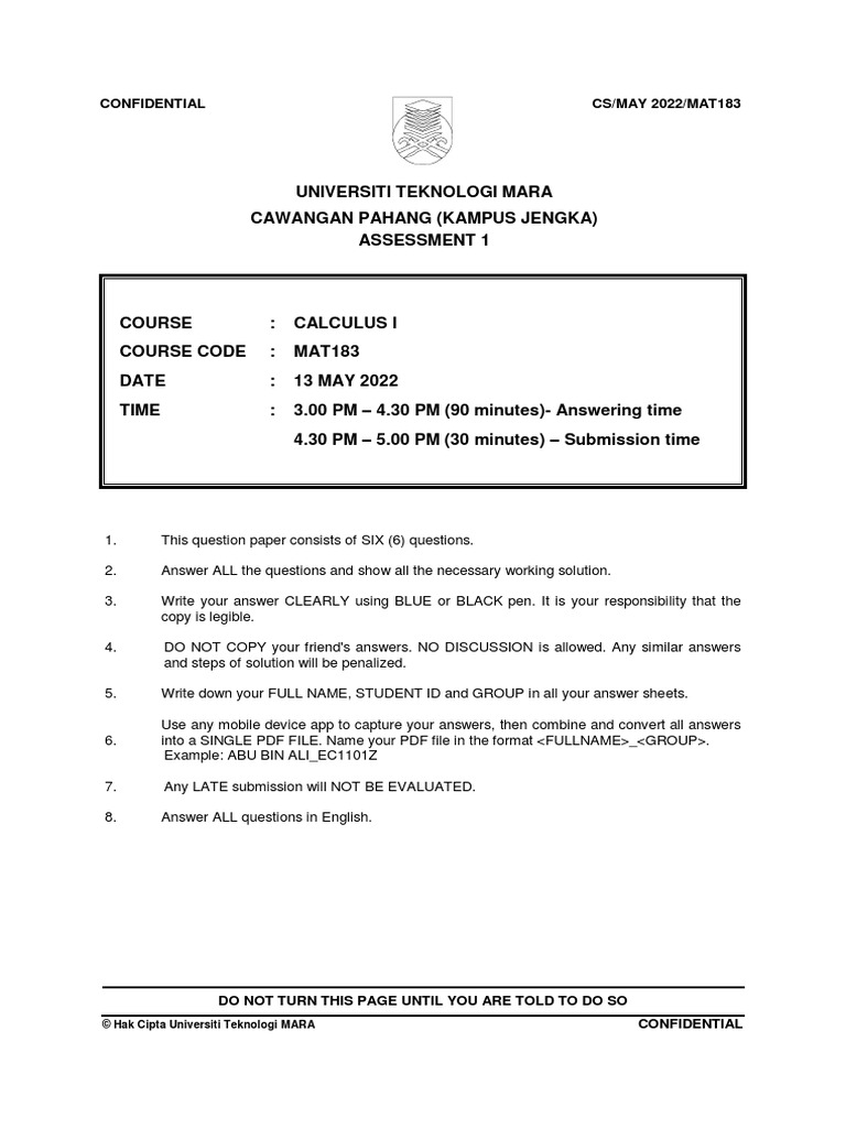 Assessment 1 Mat183 (May 2022) | PDF | Mathematical Analysis | Calculus