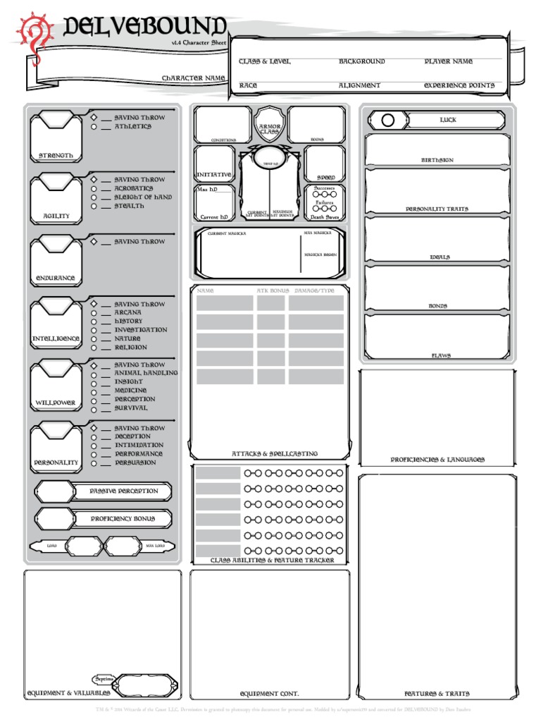 DELVEBOUND Character Sheet (Fillable) v1.4 | PDF | Grappling | Perception