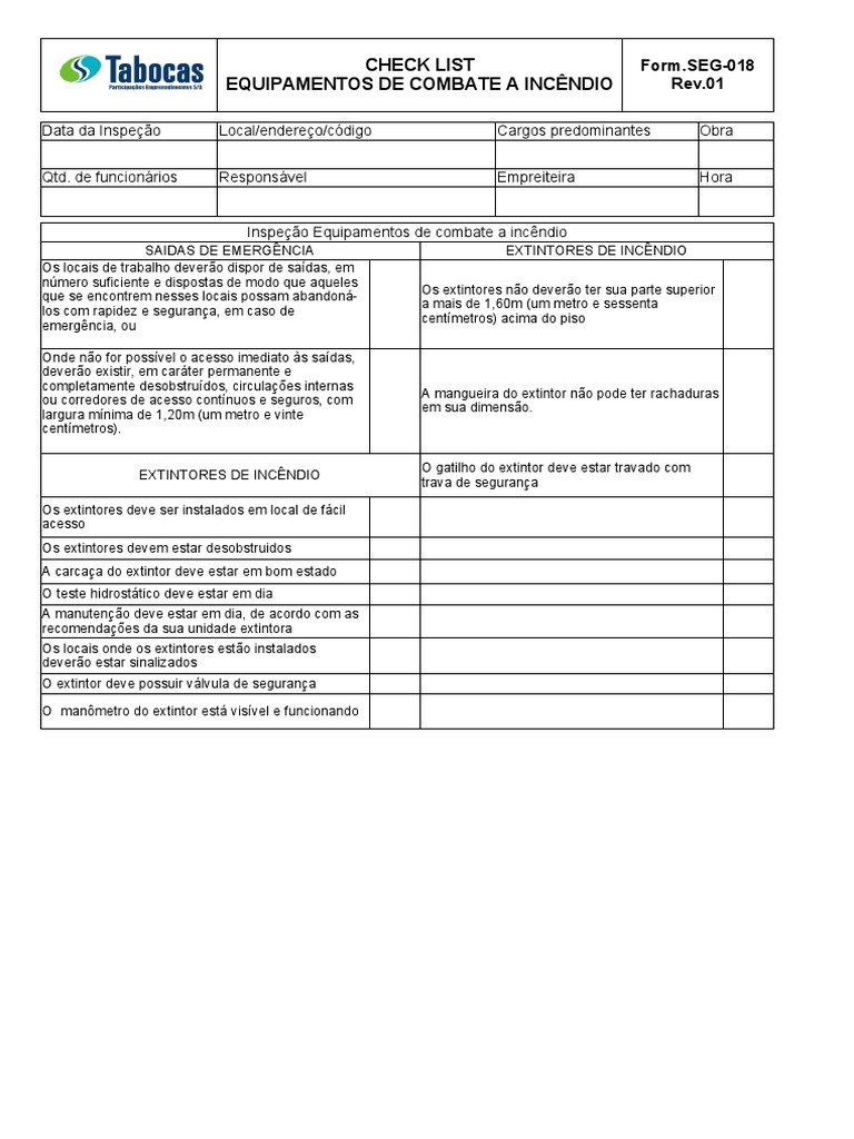 Form - Seg-018 - Checklist - Equipamento de Combate A Incêndio - Rev.01 | PDF