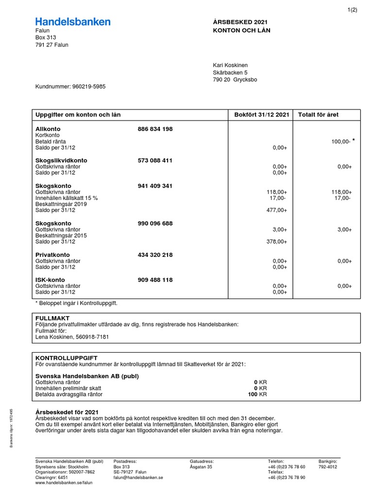 Årsbesked Konton Och Lån 2021 Kari Koskinen | PDF