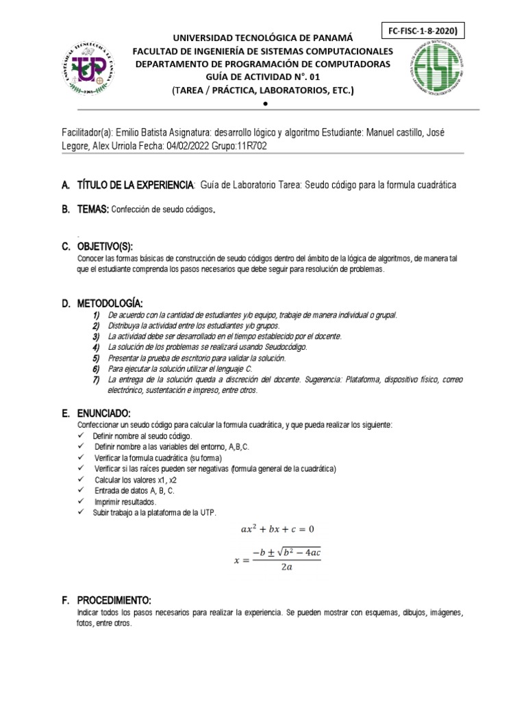 Seudo Código para Fórmula Cuadrática | PDF | Algoritmos | Lenguaje de programación