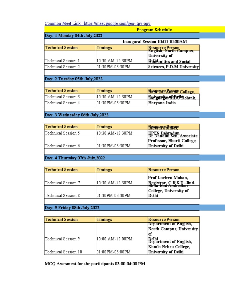 FDP Schedule For Speakers | PDF