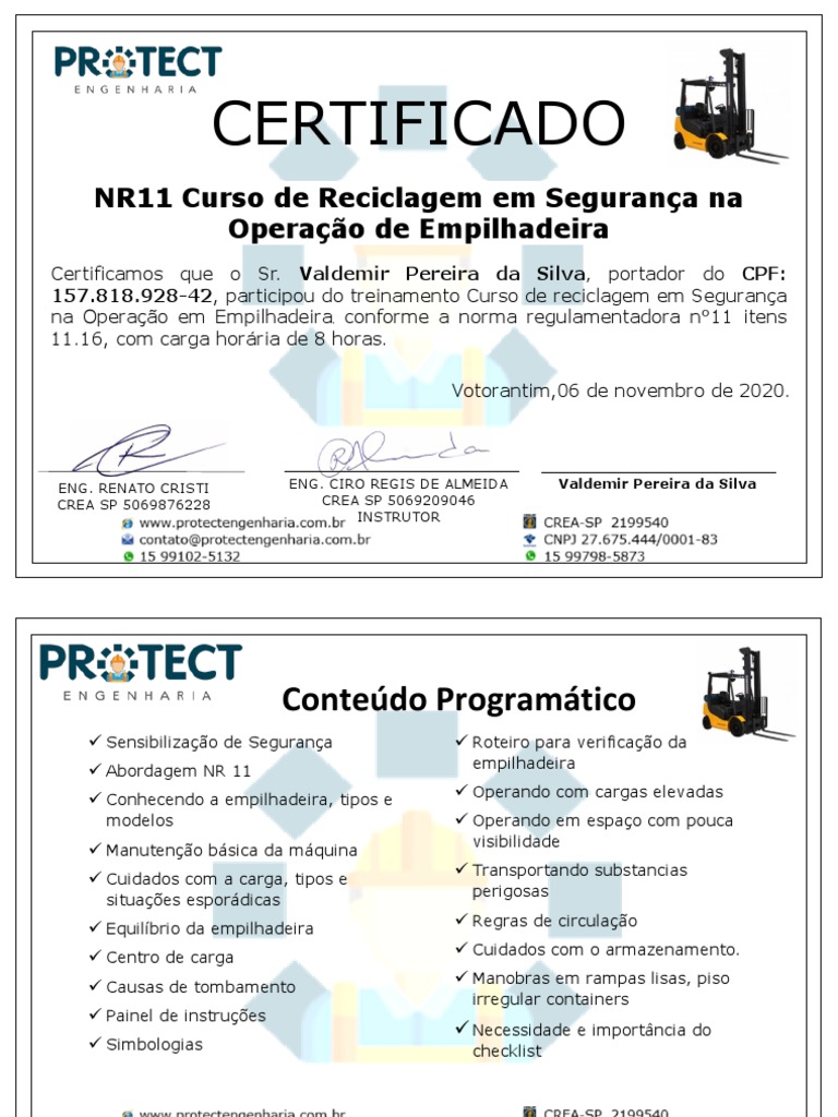 Certificado NR-11 Empilhadeira | PDF