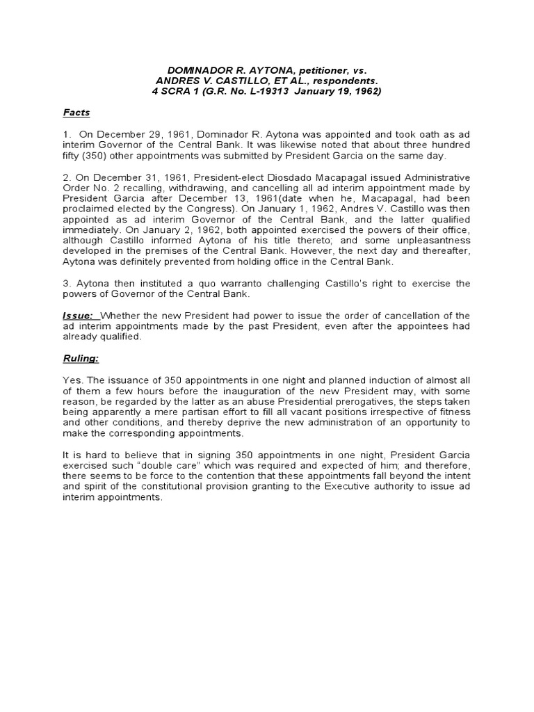 Aytona v. Castillo 4 SCRA 1 | PDF | Politics