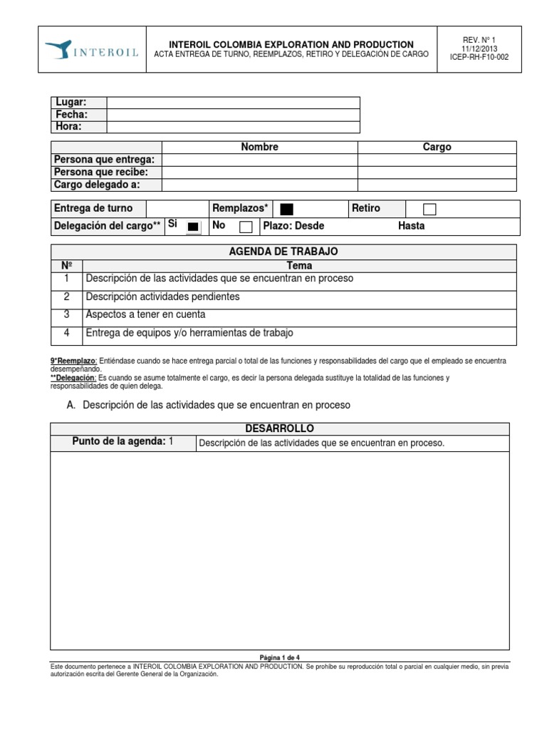 Acta de Entrega de Turno en Interoil | PDF