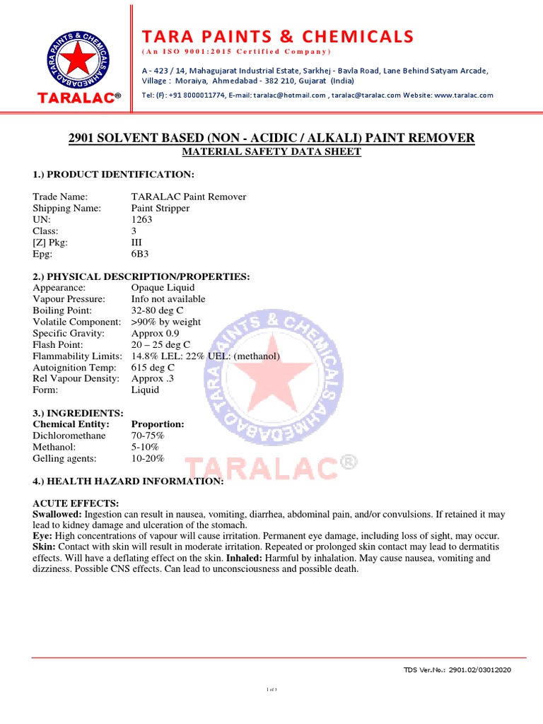 2901 MSDS Paint Remover | PDF | Toxicity | Physical Sciences