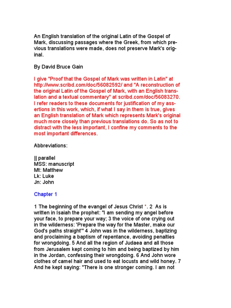 An English Translation of The Original Latin of The Gospel of Mark ...