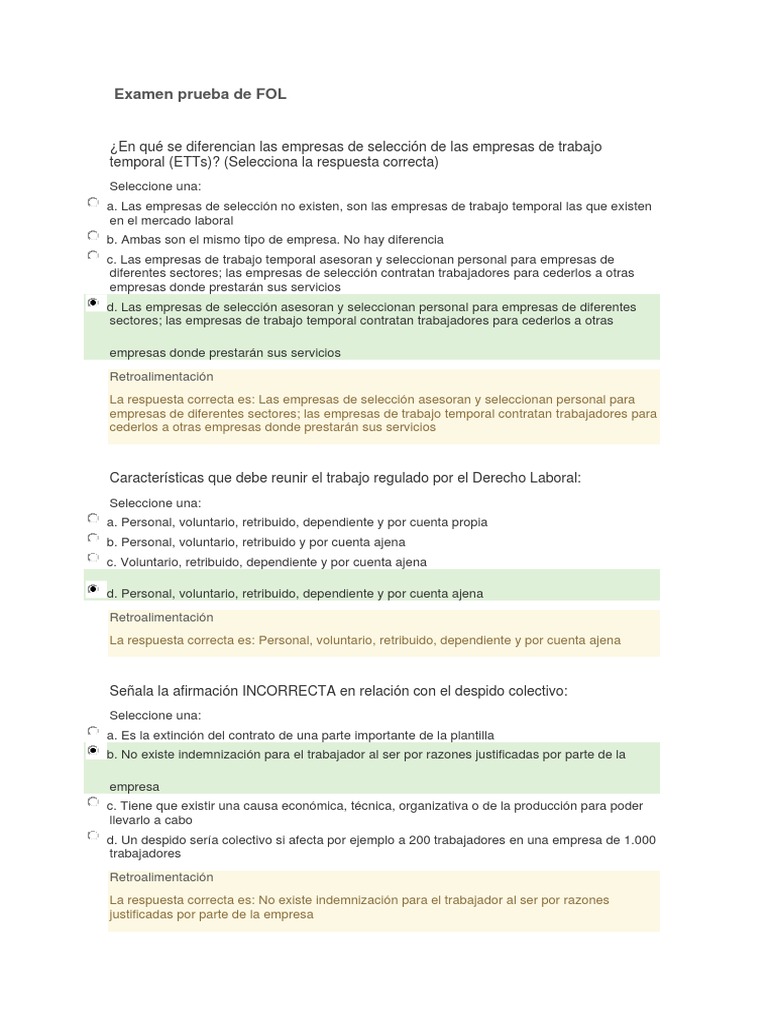 Examen Prueba de FOL | PDF | Salario | Trabajo temporal