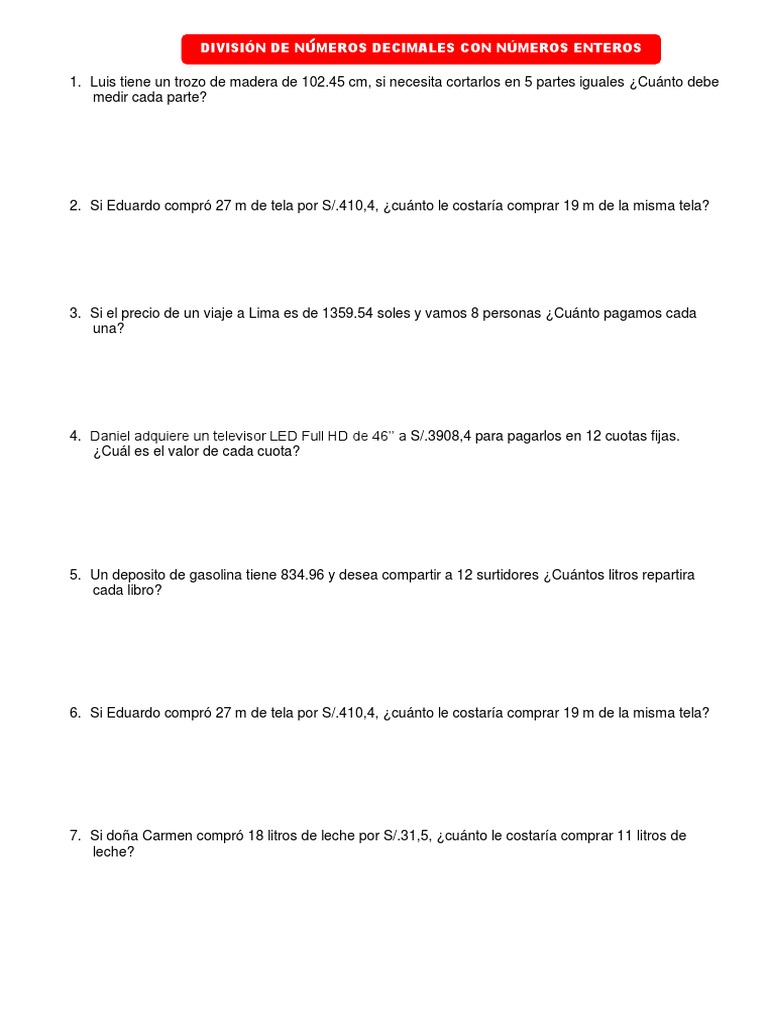 Ficha Division de Decimales Un Decimal Con Entero | PDF