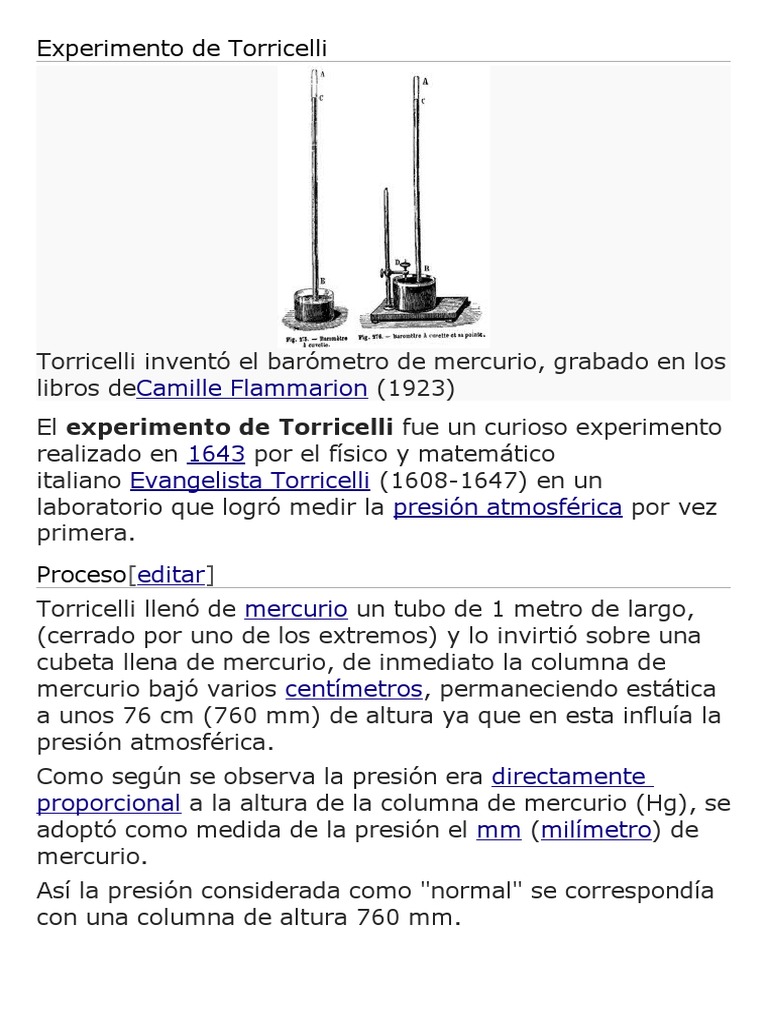 Experimento de Torricelli | PDF | Presión atmosférica | Presión