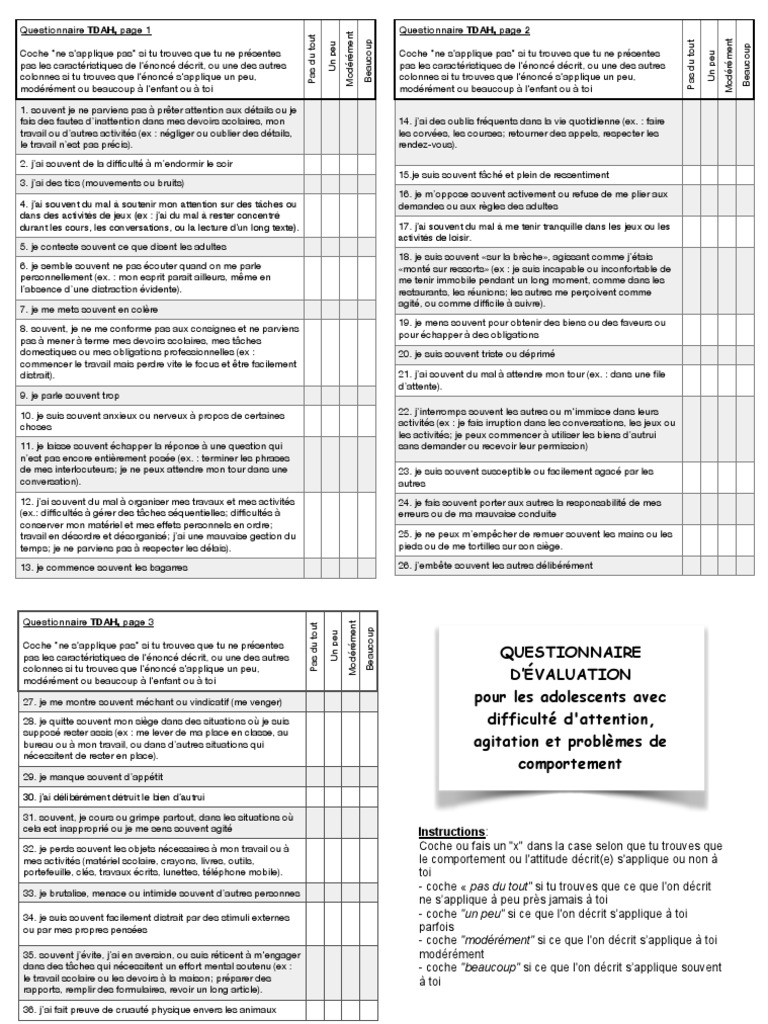 Questionnaire d'évaluation TDAH | PDF | Trouble du déficit de l ...