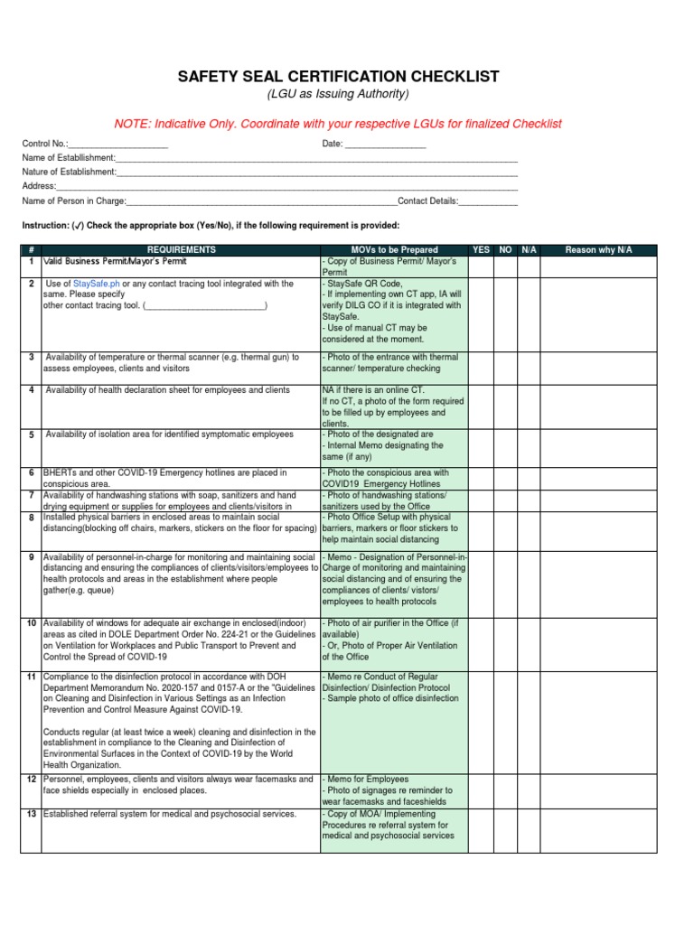 Safety Seal Certification Checklist: (LGU As Issuing Authority) | PDF | Disinfectant | Health ...