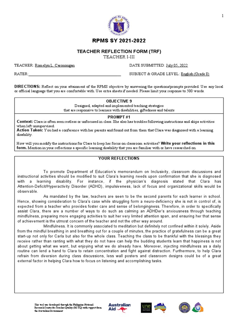 Teacher Reflection Form For T I III For RPMS SY 2021 2022 1 | PDF ...