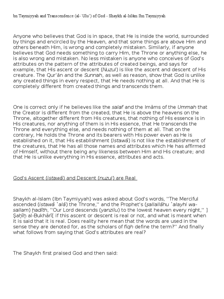 Ibn Taymiyyah and Transcendence | PDF | Existence | Philosophy