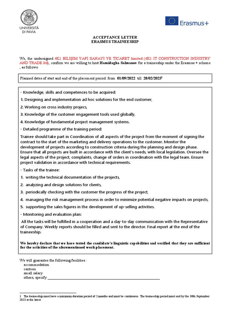 Acceptance Letter Erasmus Traineeship | PDF | European Union | Project ...