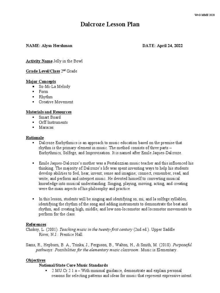 Dalcroze Lesson Plan | PDF | Music Education | Education Theory
