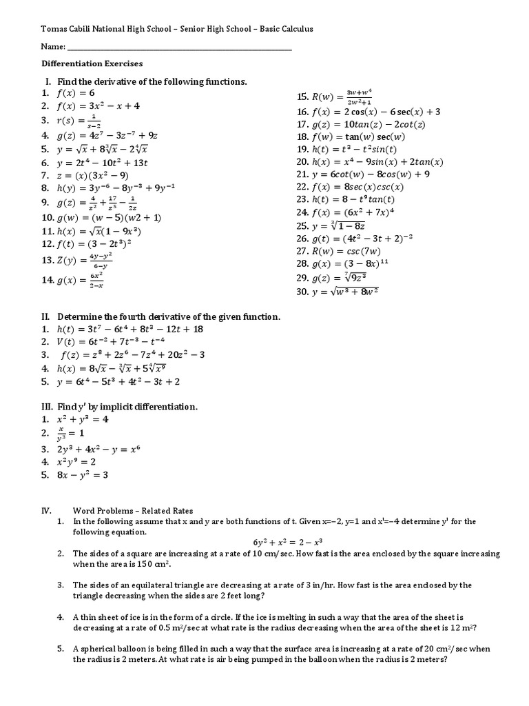 Differentiation Exercises | PDF | Area | Derivative