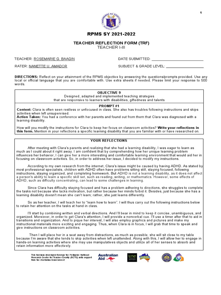 RPMS SY 2021-2022: Teacher Reflection Form (TRF) | PDF | Learning Disability | Lesson Plan