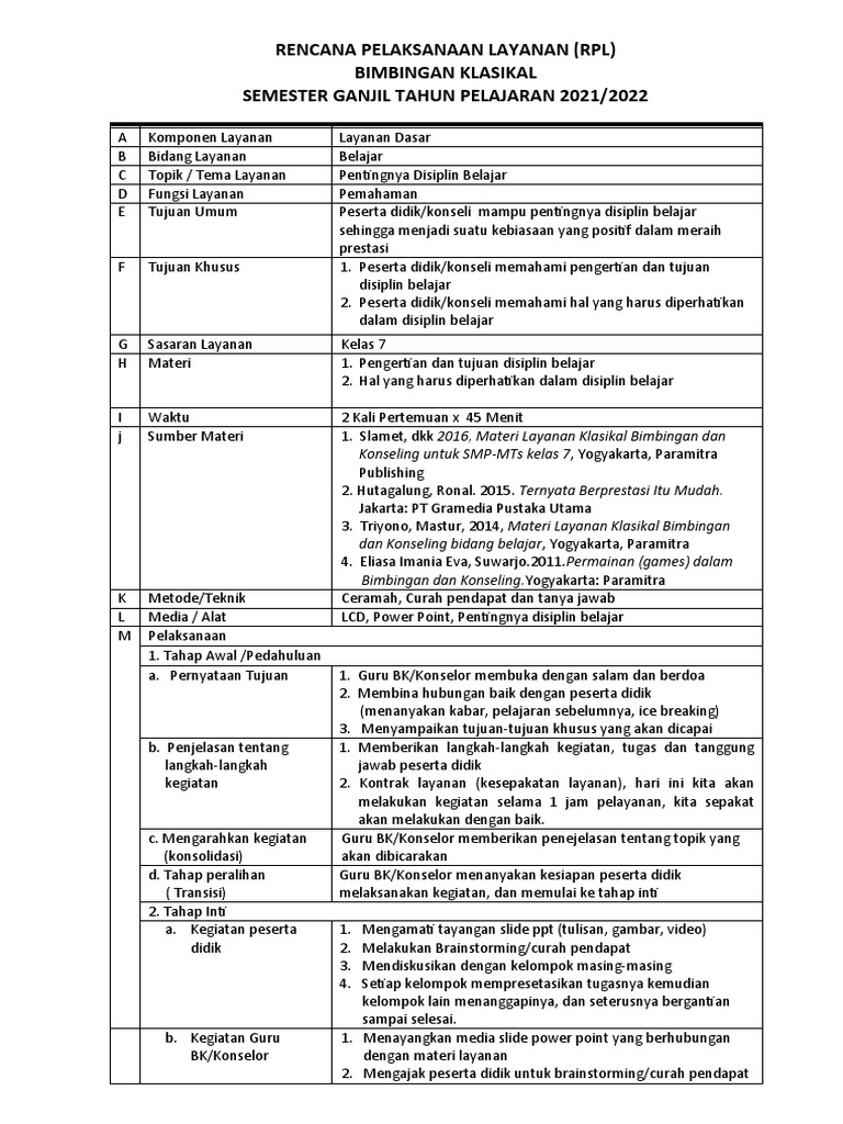 Rencana Pelaksanaan Layanan Bimbingan Klasikal tentang Pentingnya ...