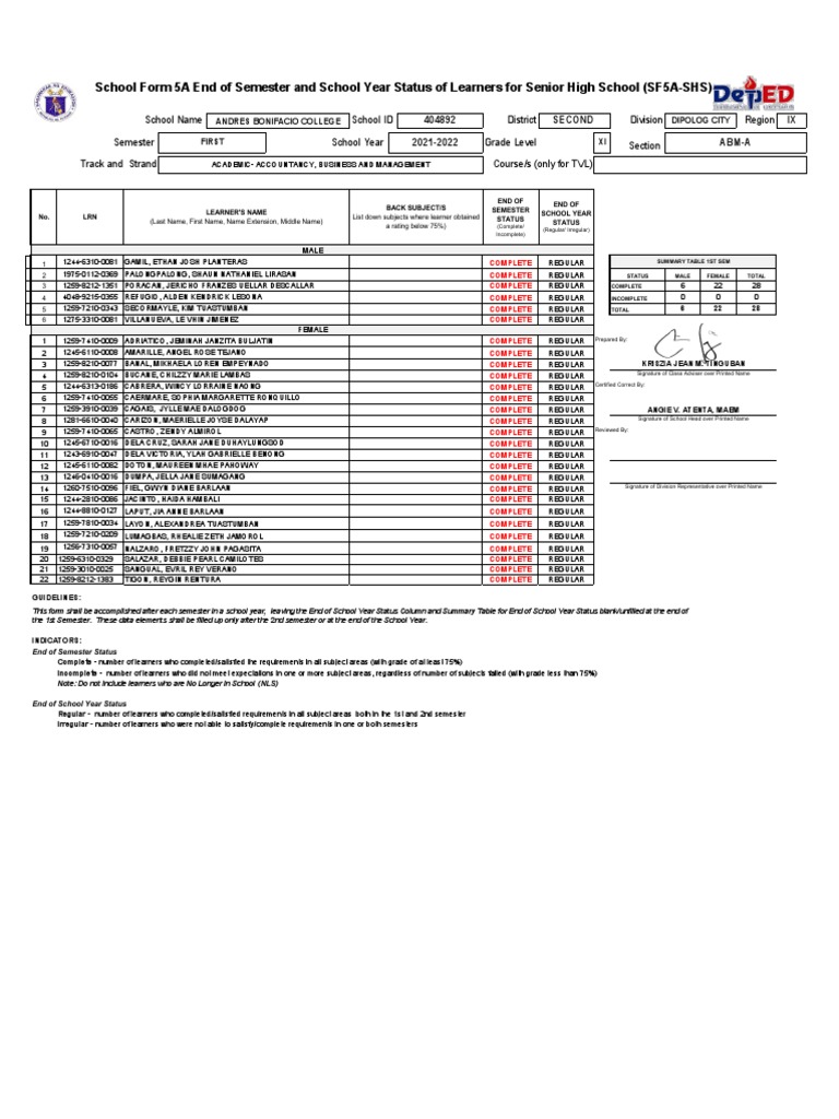 School Form 5A End of Semester and School Year Status of Learners For ...