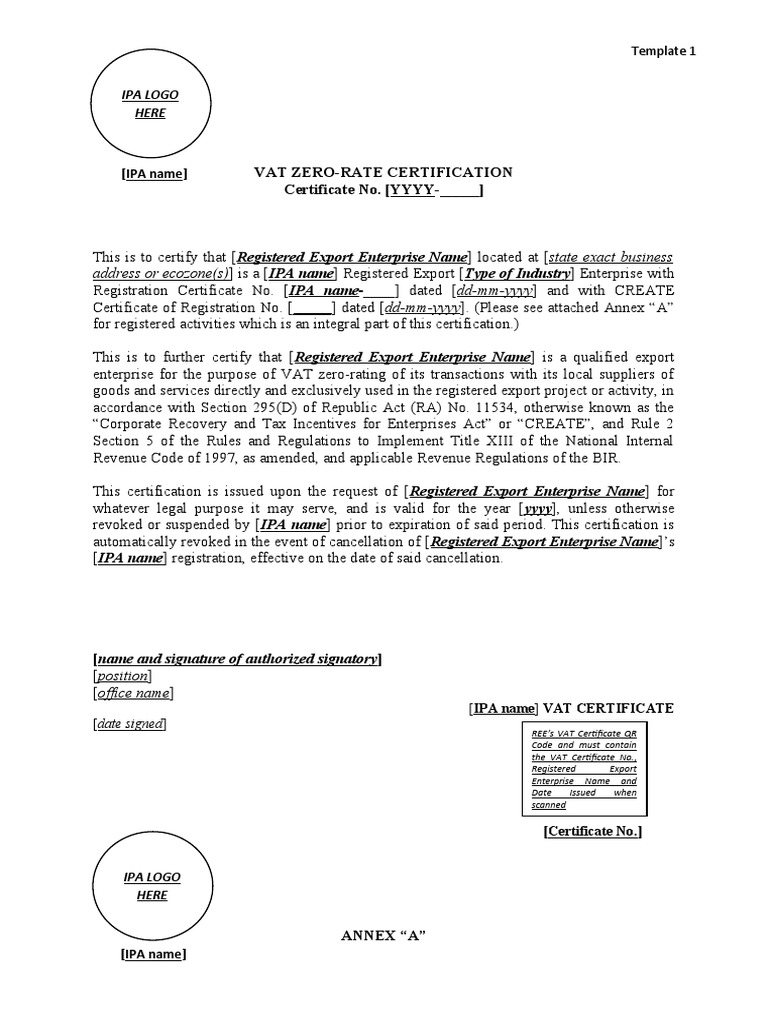 Vat Zero-Rate Certification Certificate No. (YYYY - ) | Download Free ...