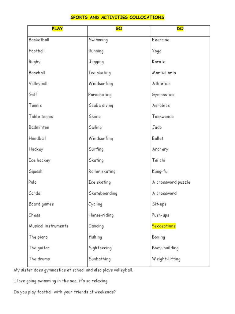 Sports and Activities Collocations Play GO DO | PDF