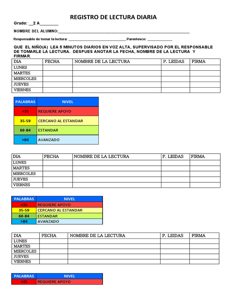 Registro Diario de Lectura Infantil | PDF | Crecimiento personal y ...