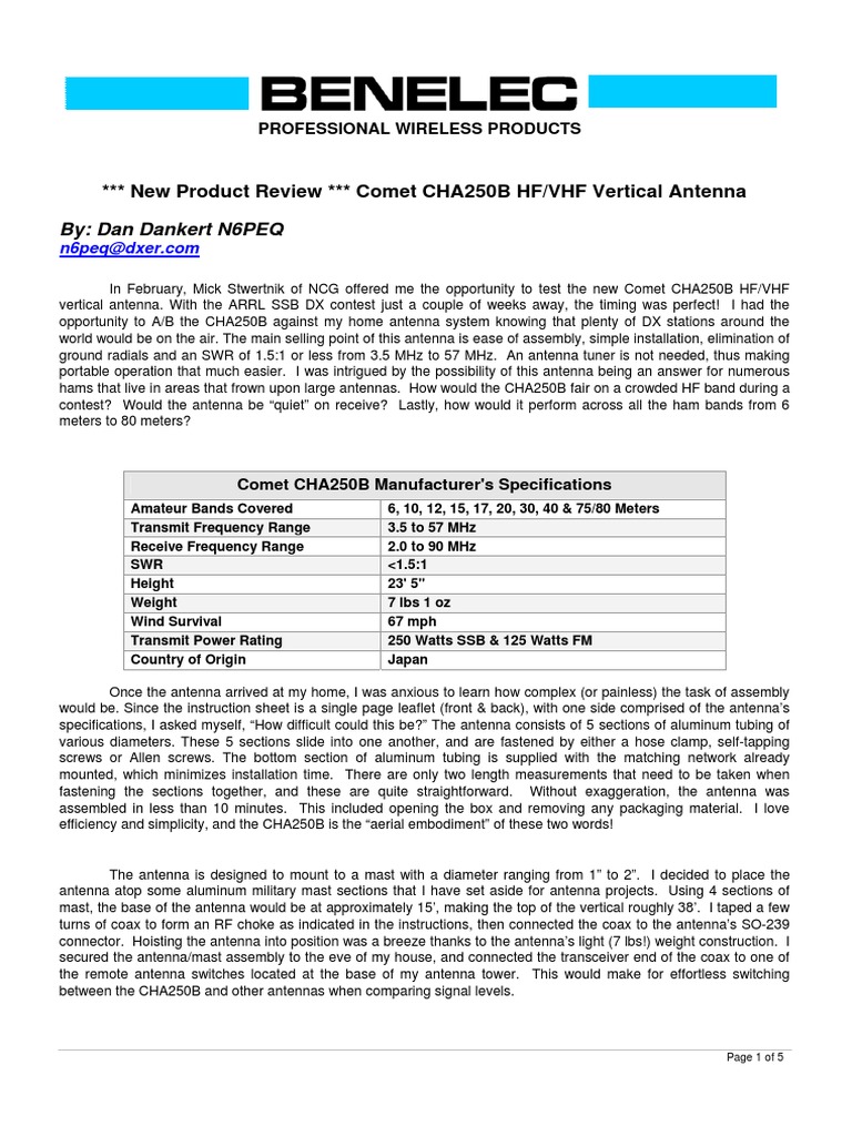 New Product Review Comet CHA250B HF/VHF Vertical Antenna | PDF ...