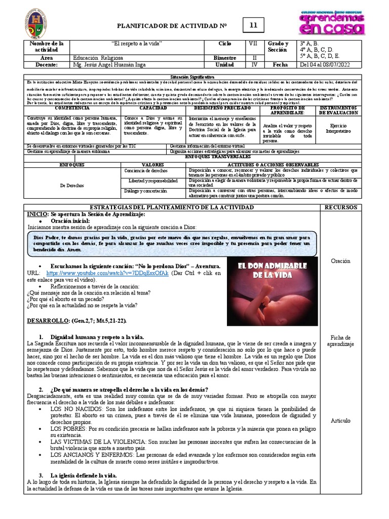 11º Sesion El Respeto A La Vida Pdf Aprendizaje Oración