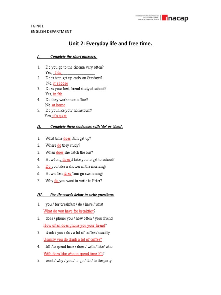 Unit 2: Everyday Life and Free Time.: FGIN01 English Department | PDF