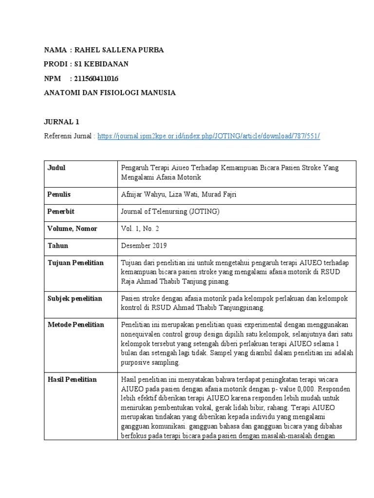 Jurnal Sistem Saraf - Rahel Sallena Purba (211560411016) | PDF