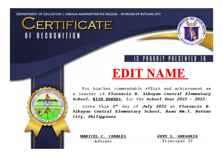 Certificate of Recognition (Honors) For Edit | PDF