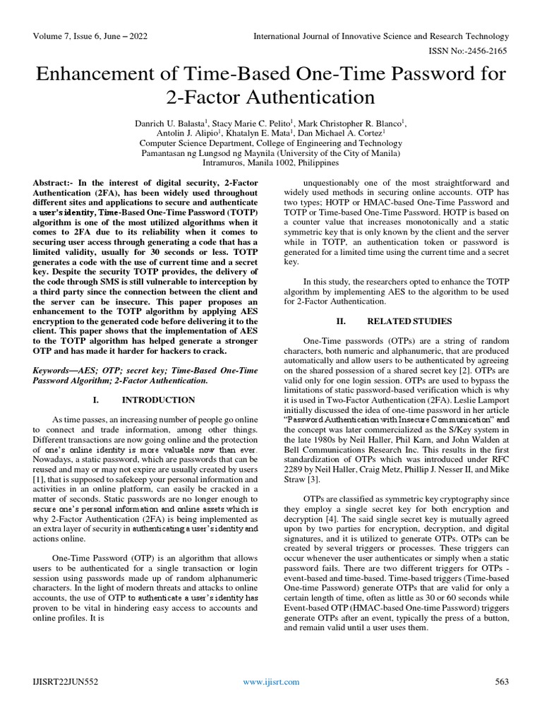 Enhancement Of Time Based One Time Password For 2 Factor Authentication