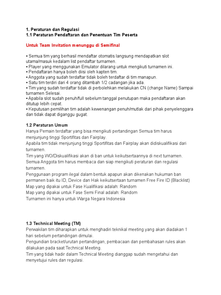 PERATURAN DAN KETENTUAN TURNAMEN ESPORTS FREE FIRE | PDF