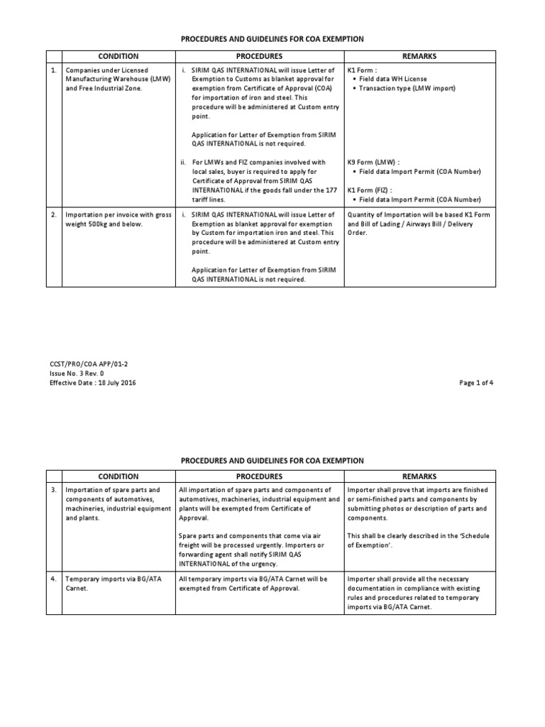 Procedures and Guidelines for Certificate of Approval Exemptions in ...