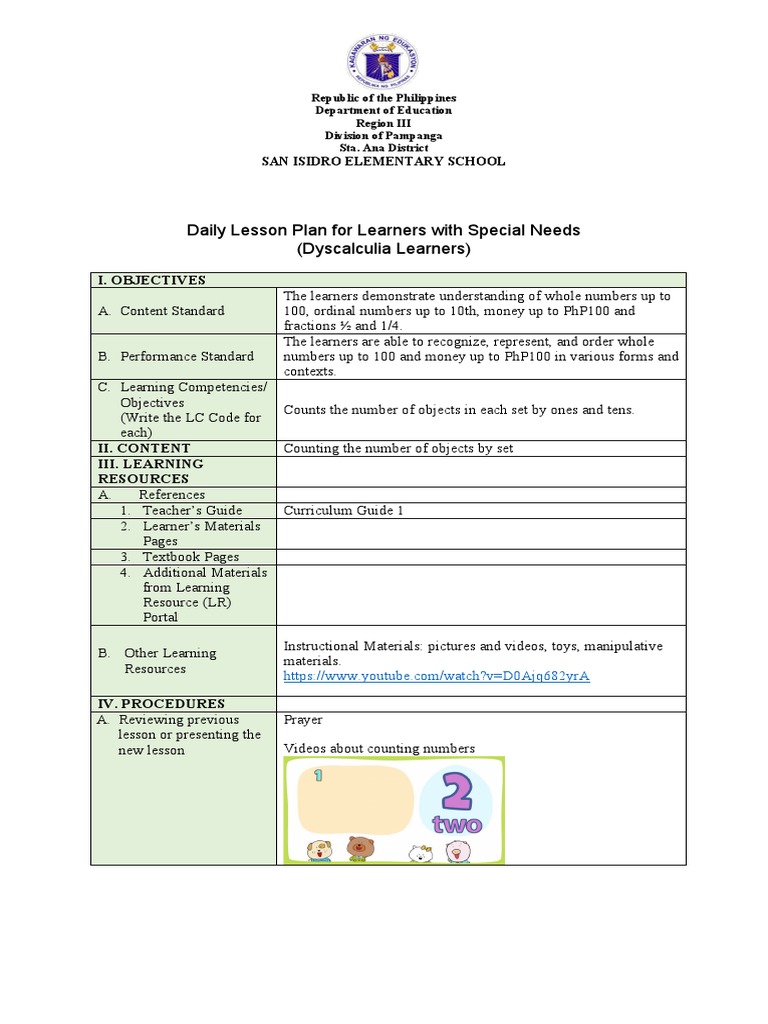 Daily Lesson Plan For Learners With Special Needs (Dyscalculia Learners ...
