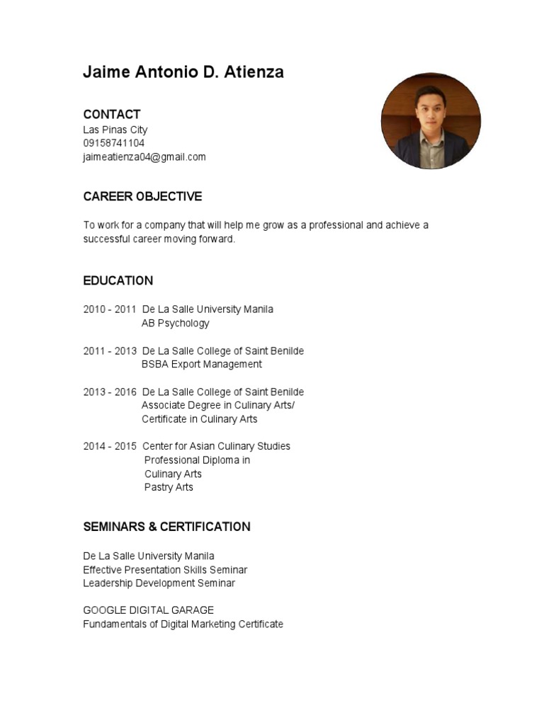 Jaime Antonio D. Atienza Resume | PDF | Employment | Restaurants