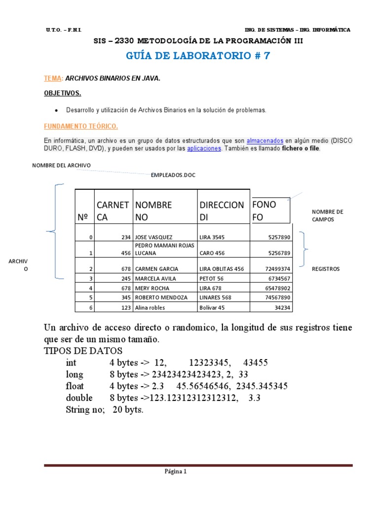 Guia - LAB - 7 - Prog - III - Archivos Binarios en JAVA - Sem - 2 - 2021 | PDF | Estructura de ...