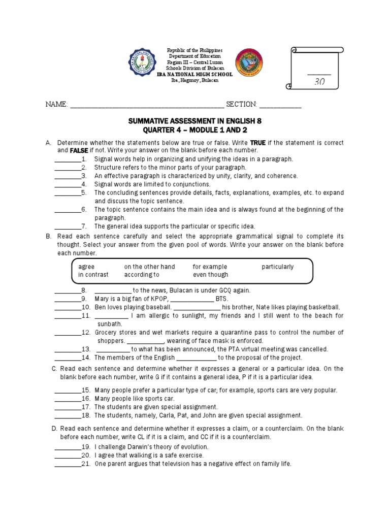 Summative Test in English 8 | Download Free PDF | English Language