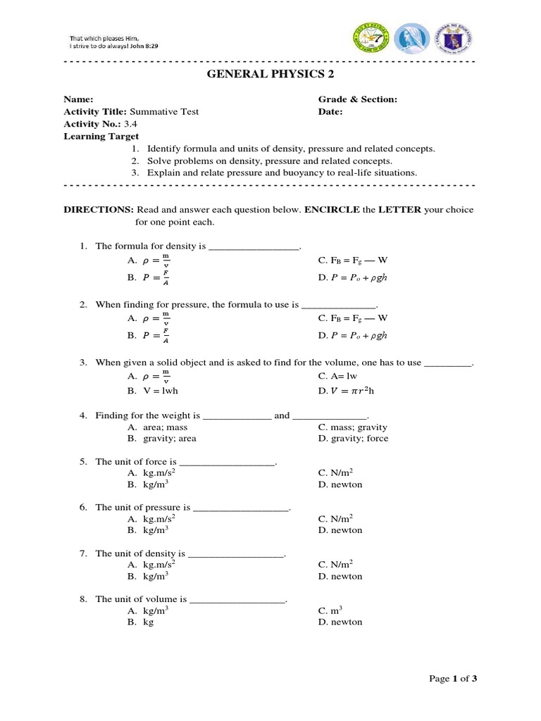 Understanding Density, Pressure, and Buoyancy: A Summative Assessment ...