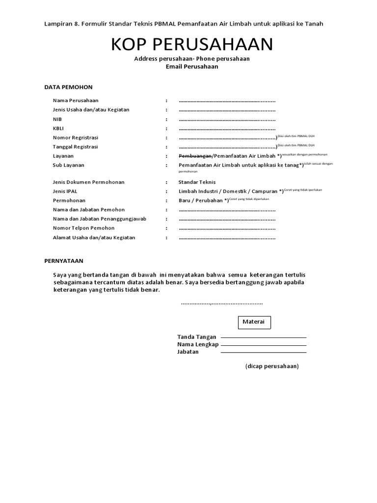 Formulir Standar Teknis PERTEK PBMAL 2021 Penanfaatan Air Limbah Untuk ...