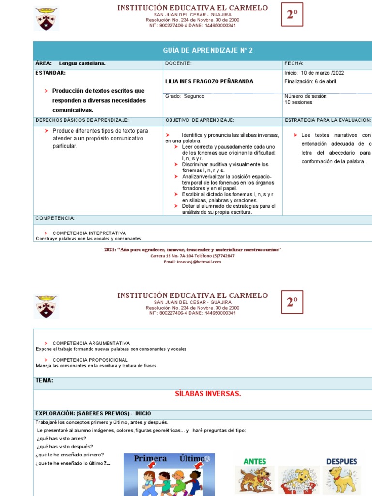Guia 2 de Aprendizaje Español Segundo Grado.2022 | PDF | Sílaba ...