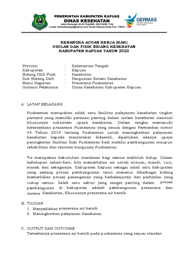 Contoh KAK DAK Fisik Air Bersih | PDF