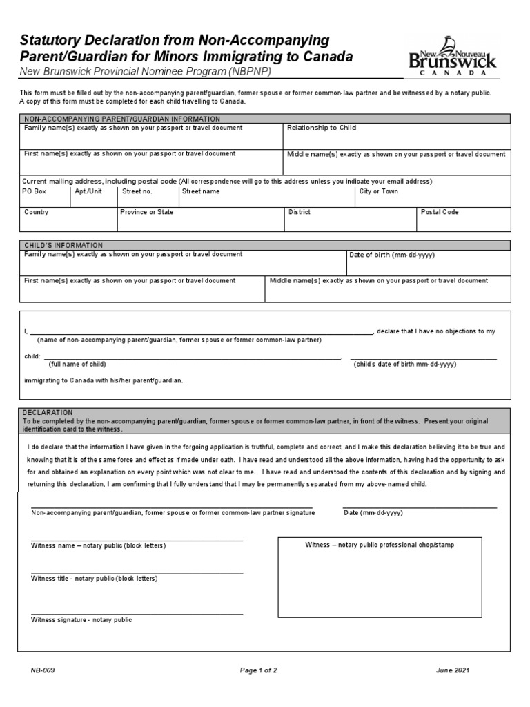 Statutory Declaration From Non-Accompanying Parent/Guardian For Minors ...