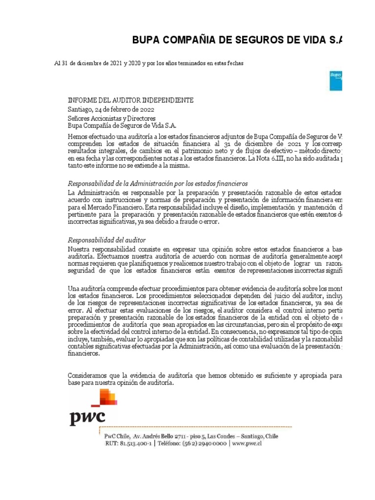 Informe Financiero Bupa 2021 | PDF | Auditoría | Estado financiero