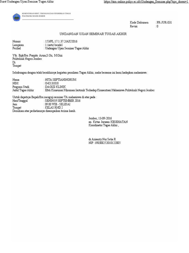 Surat Undangan Ujian Seminar Tugas Akhir Bu Arum | PDF