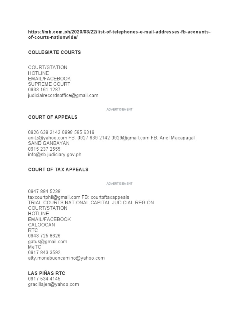Court Directory and Contact Numbers | PDF | Philippines